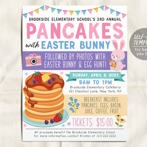 Pancakes With Easter Bunny Flyer Editable Template, Spring Breakfast ...