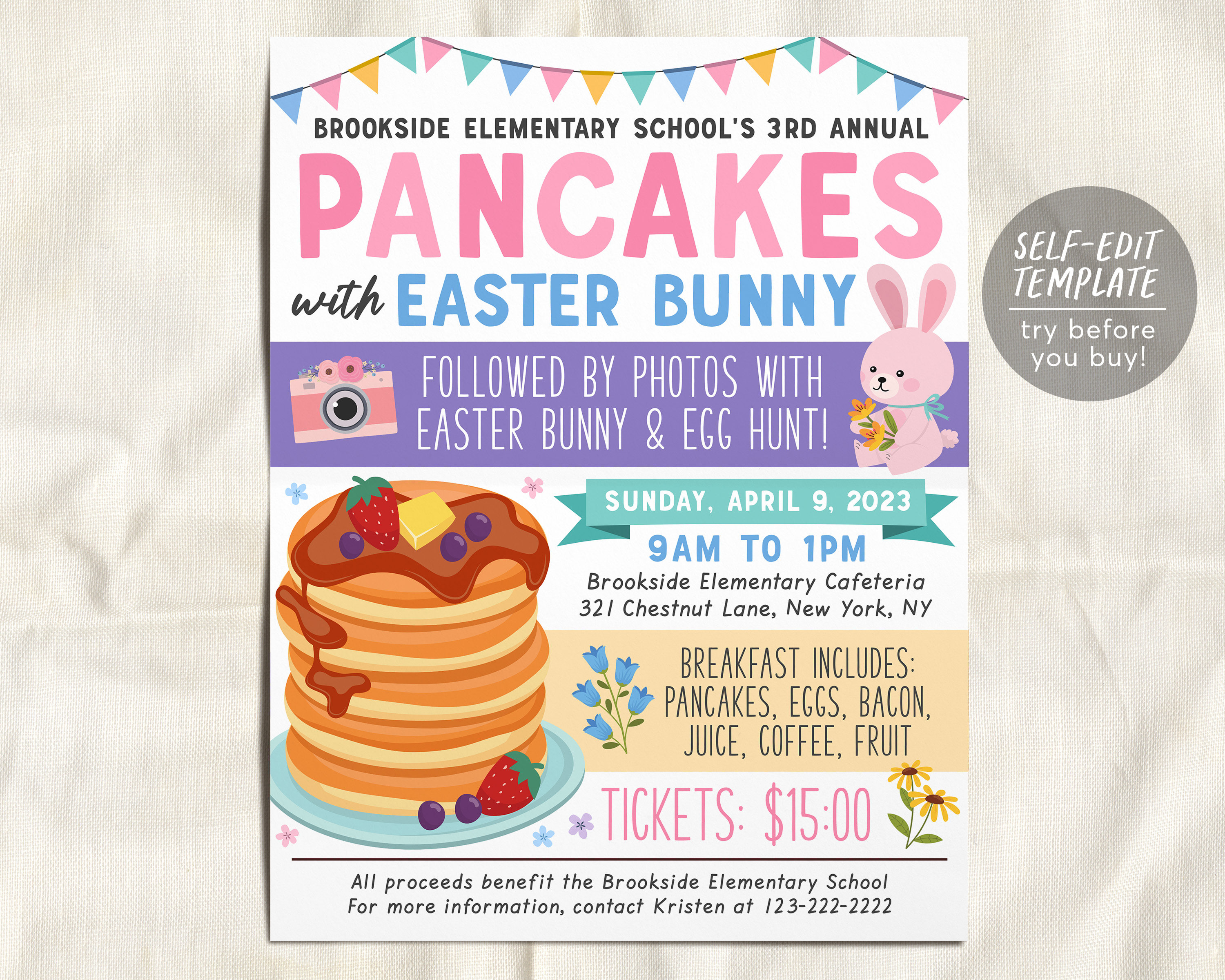Pancakes With Easter Bunny Flyer Editable Template, Spring Breakfast ...