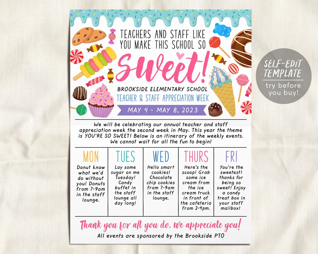 Sweet Candy Theme Teacher Appreciation Week Schedule Editable Template ...