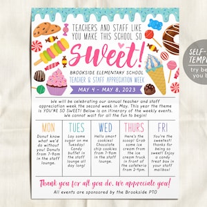 Sweet Candy Theme Teacher Appreciation Week Schedule Editable Template ...