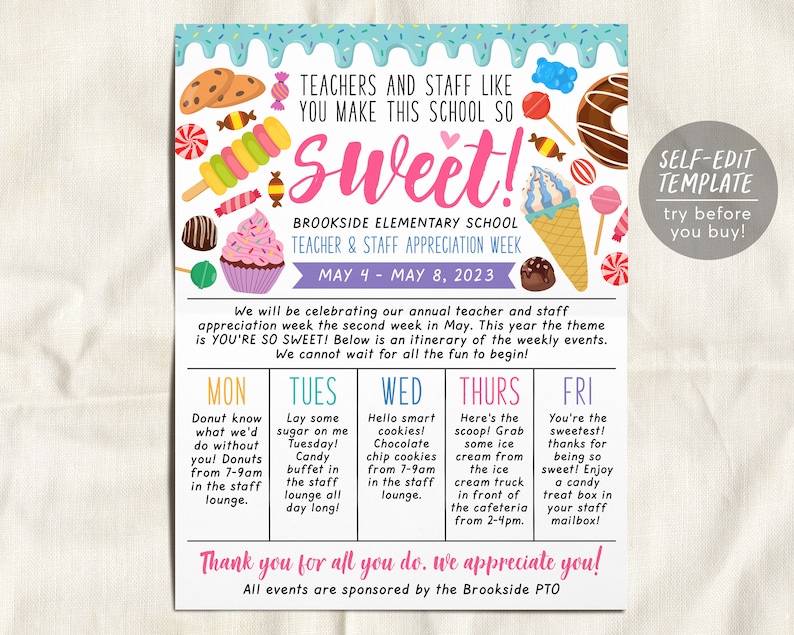 Sweet Candy Theme Teacher Appreciation Week Schedule Editable Template ...