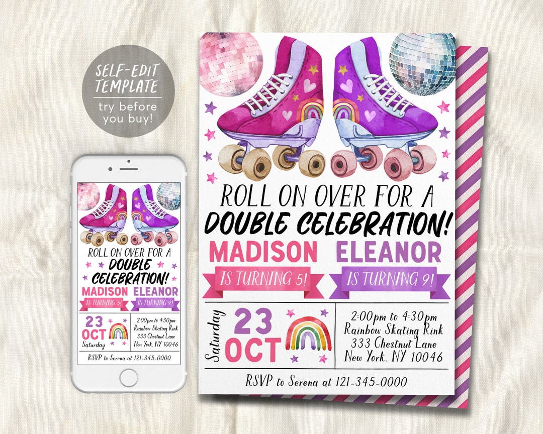 Roller Skating Joint Siblings Double Birthday Invitation Editable Template, Girls Twins Roller ...