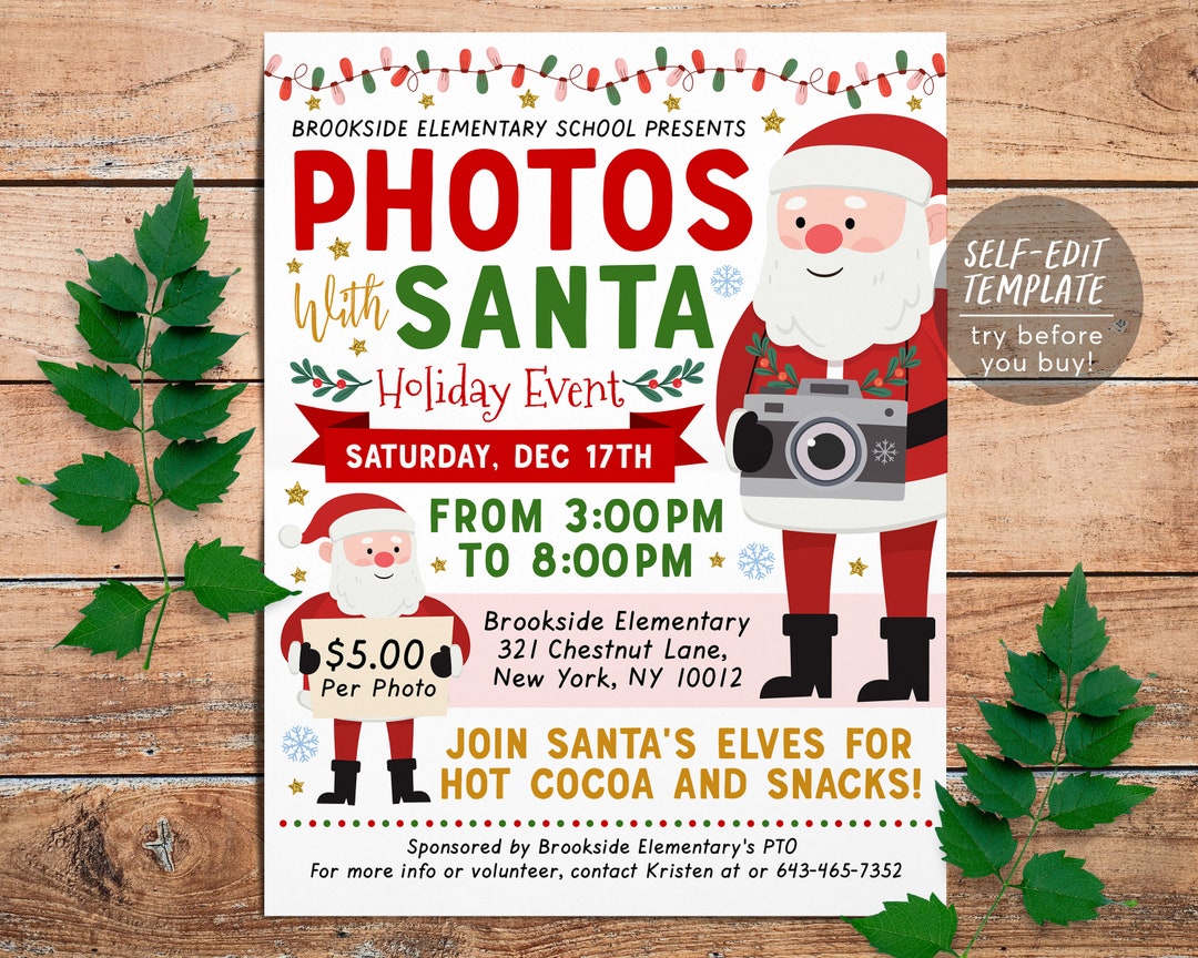 Photos With Santa Flyer Editable Template, Picture With Santa, Holiday ...