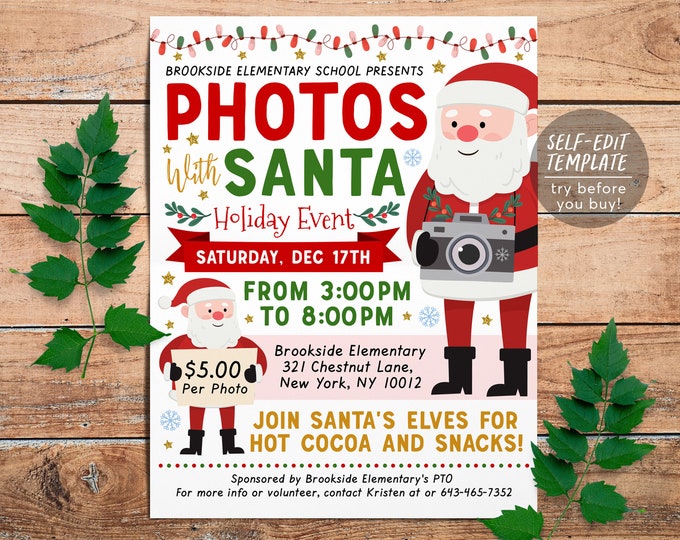 Photos With Santa Flyer, Holiday Santa Invitation, School Church Pto ...