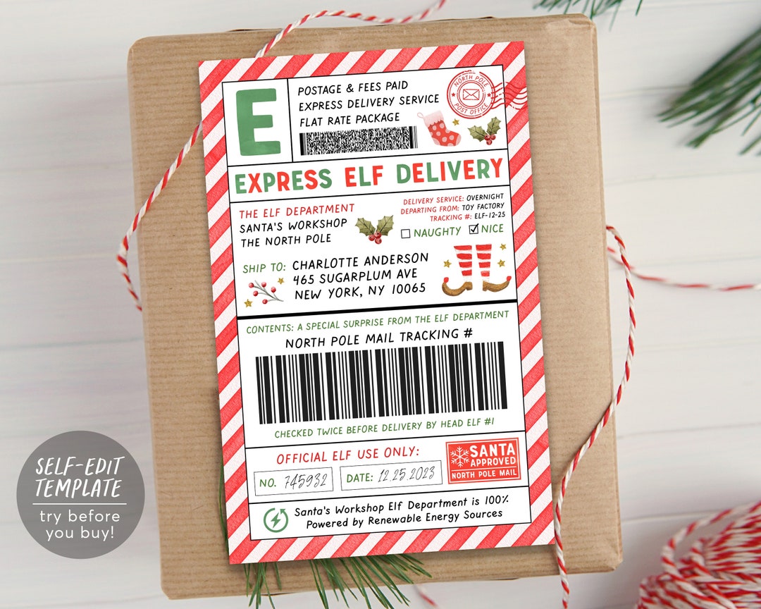 Elf Mail Shipping Labels North Pole Large Gift Tag Editable Template ...