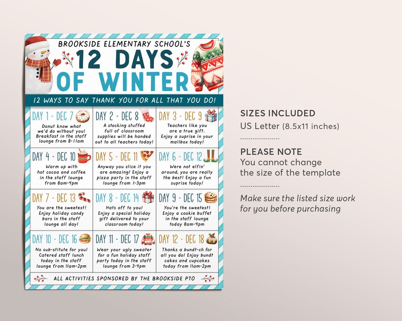 Winter Holiday Appreciation Flyer Editable Template, 12 Days of ...