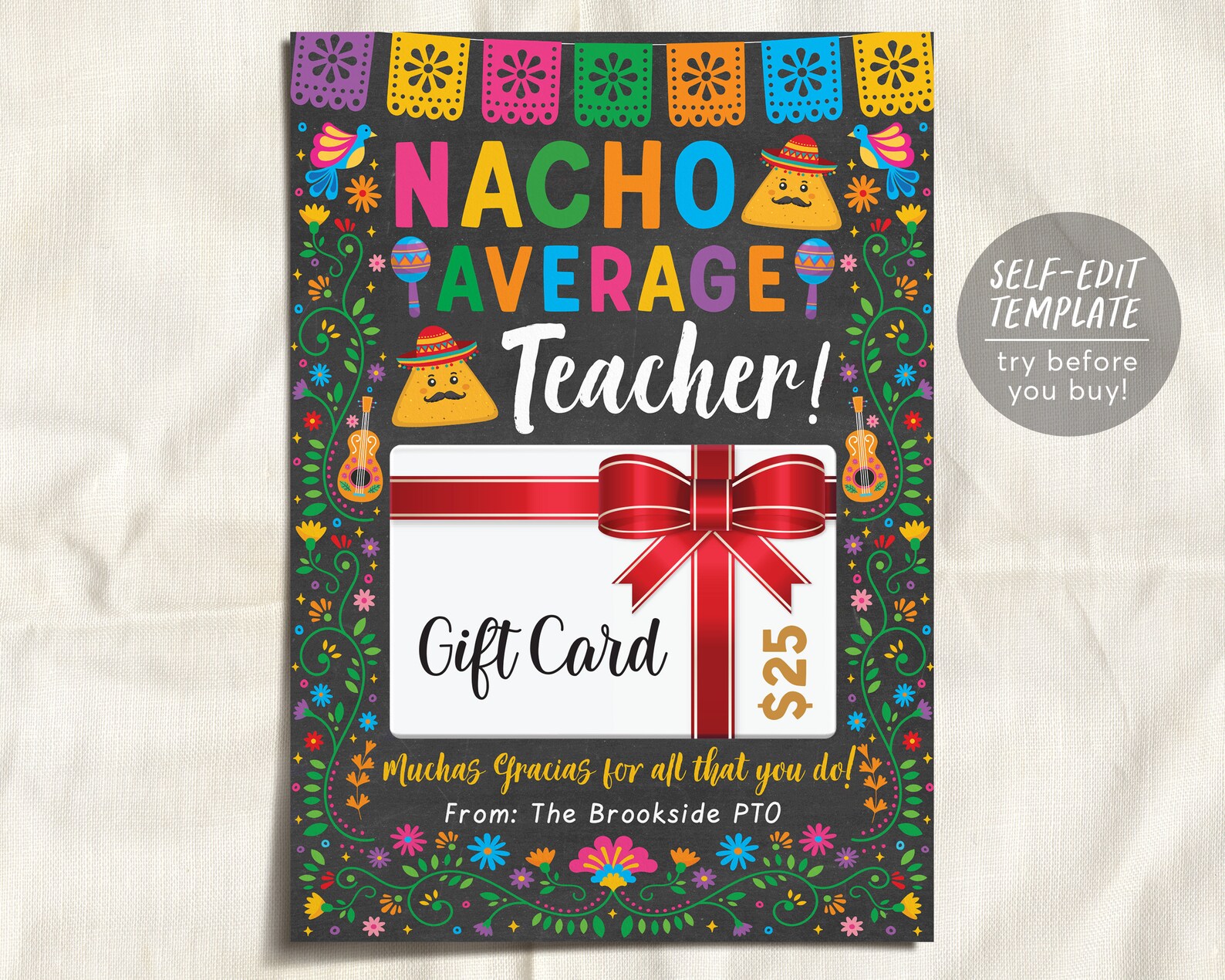 Nacho Average Teacher Gift Card Holder Editable Template - Etsy