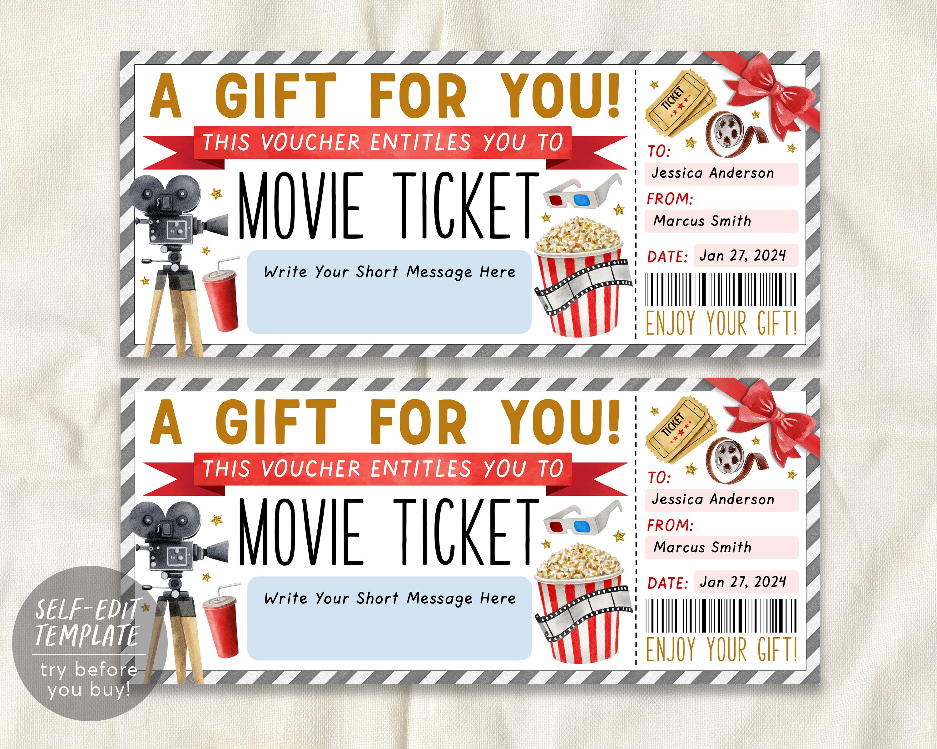 Movie Night Cinema Ticket Editable Template, Family Movie Night Gift ...