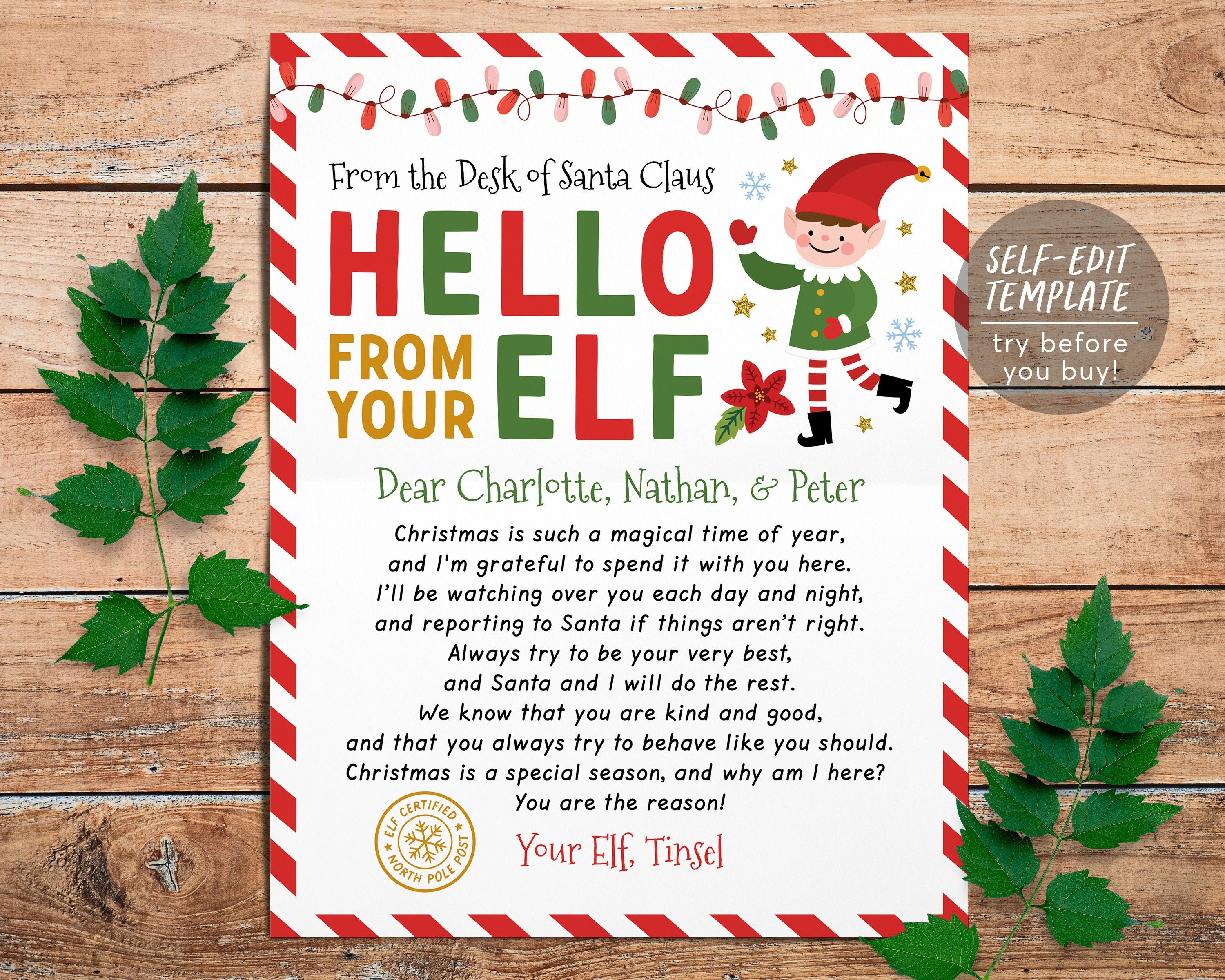 Hello Letter From Elf Editable Template, Elf Arrival Note, First Time ...
