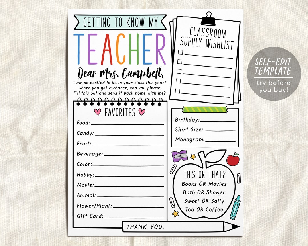 Favorites Teacher Survey Editable Template, Getting to Know My Teacher ...