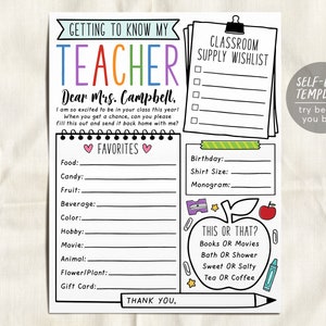 Favorites Teacher Survey Editable Template, Getting to Know My Teacher ...