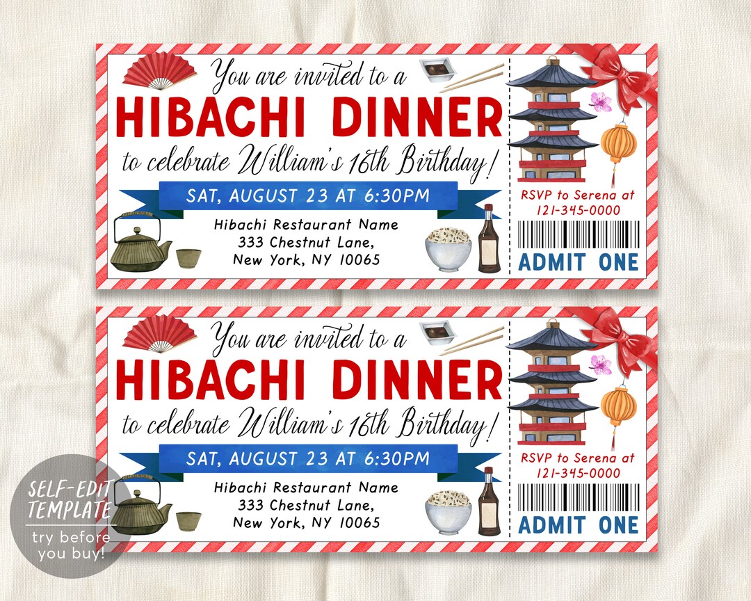 Hibachi Dinner Party Invitation Ticket Editable Template, Birthday ...