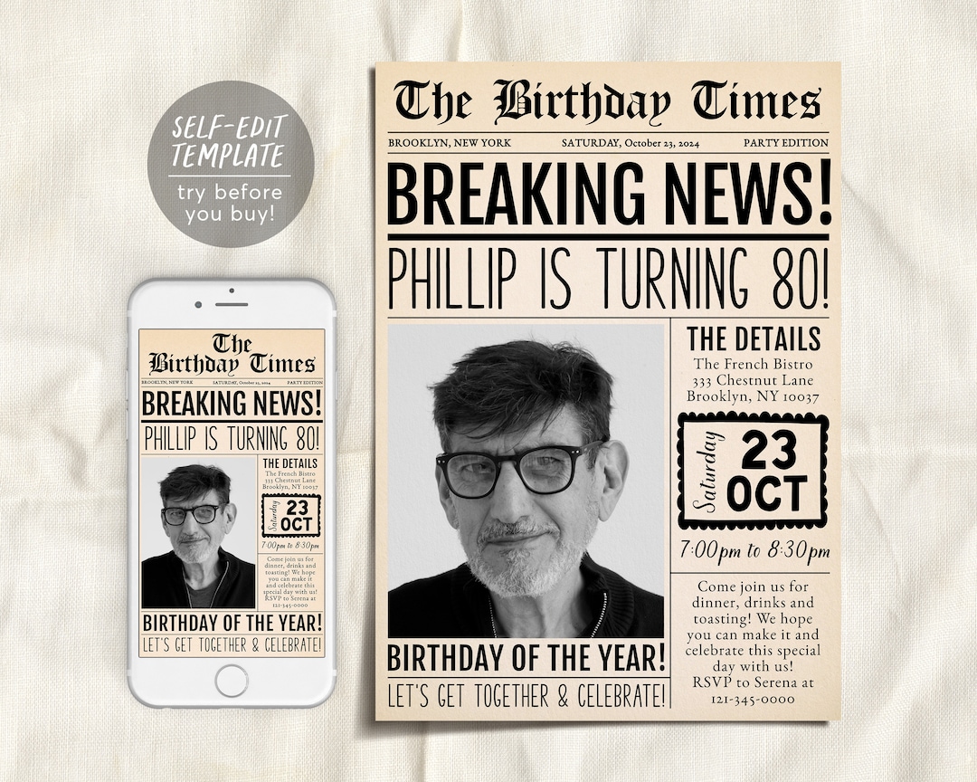 Birthday Newspaper Invitation With Photo Editable Template, Vintage ...