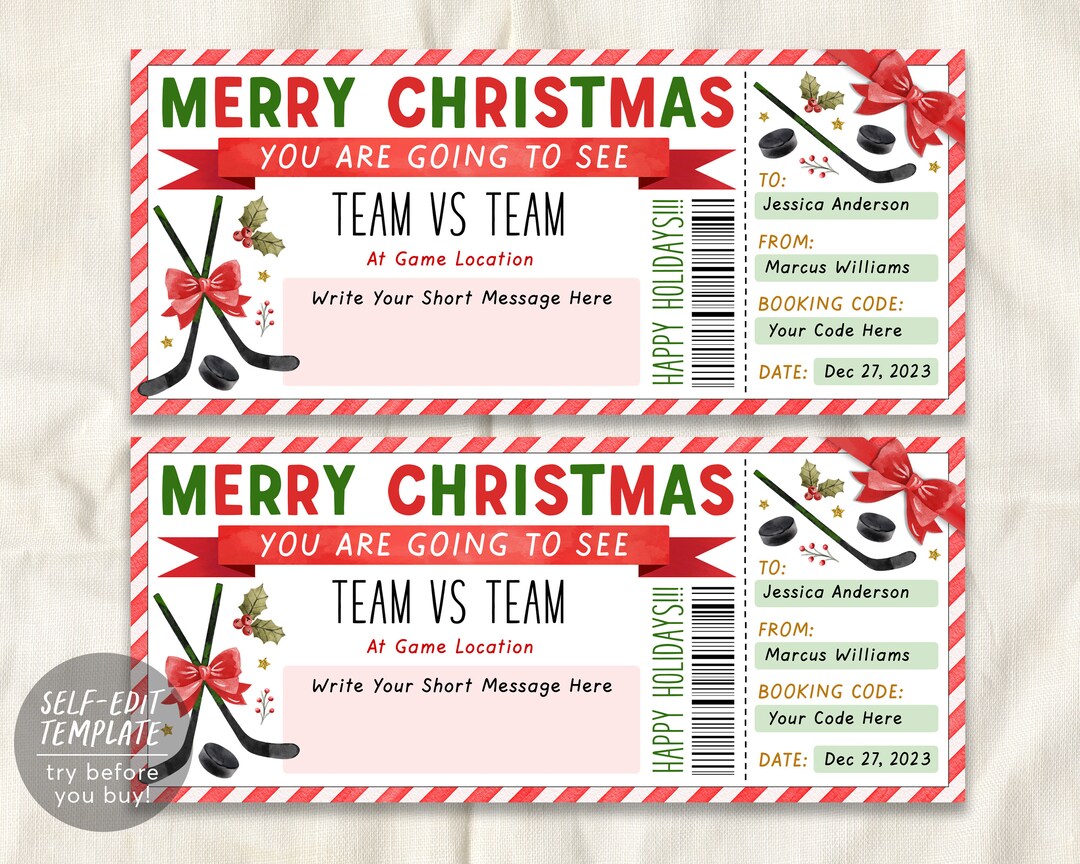 Hockey Game Christmas Gift Ticket Editable Template, Christmas Surprise ...