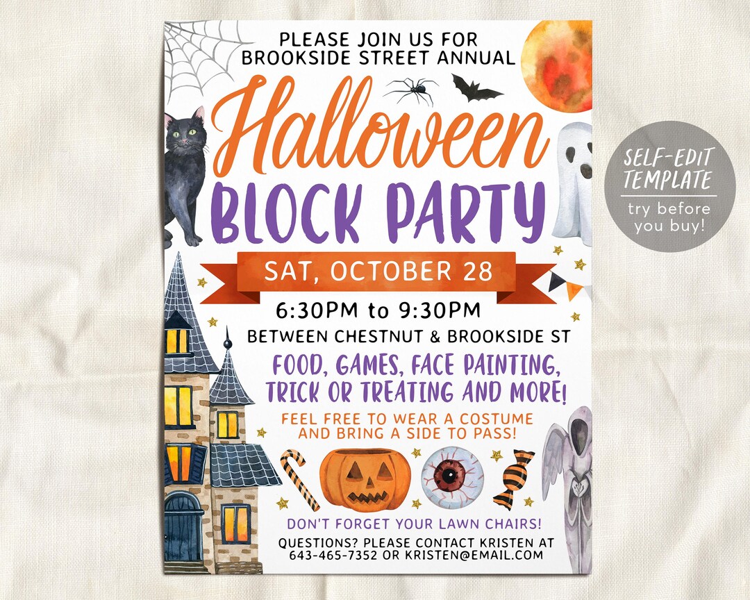 Halloween Block Party Flyer Editable Template, Spooktacular ...