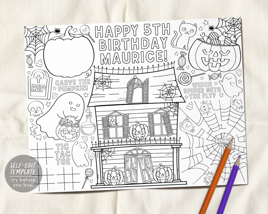 Halloween Birthday Coloring Page Placemat for Kids Birthday Editable ...
