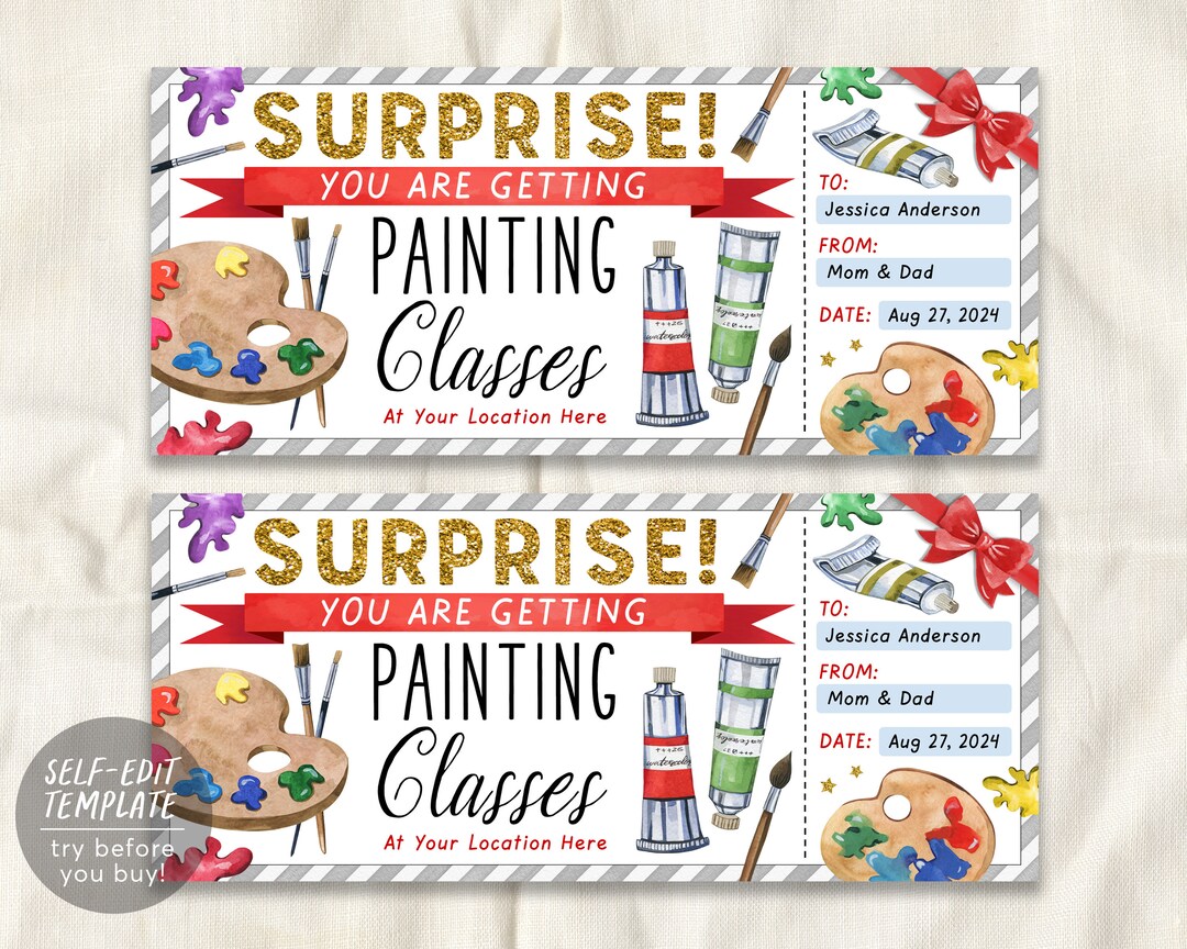 Painting Class Gift Certificate Ticket Editable Template, Painting ...