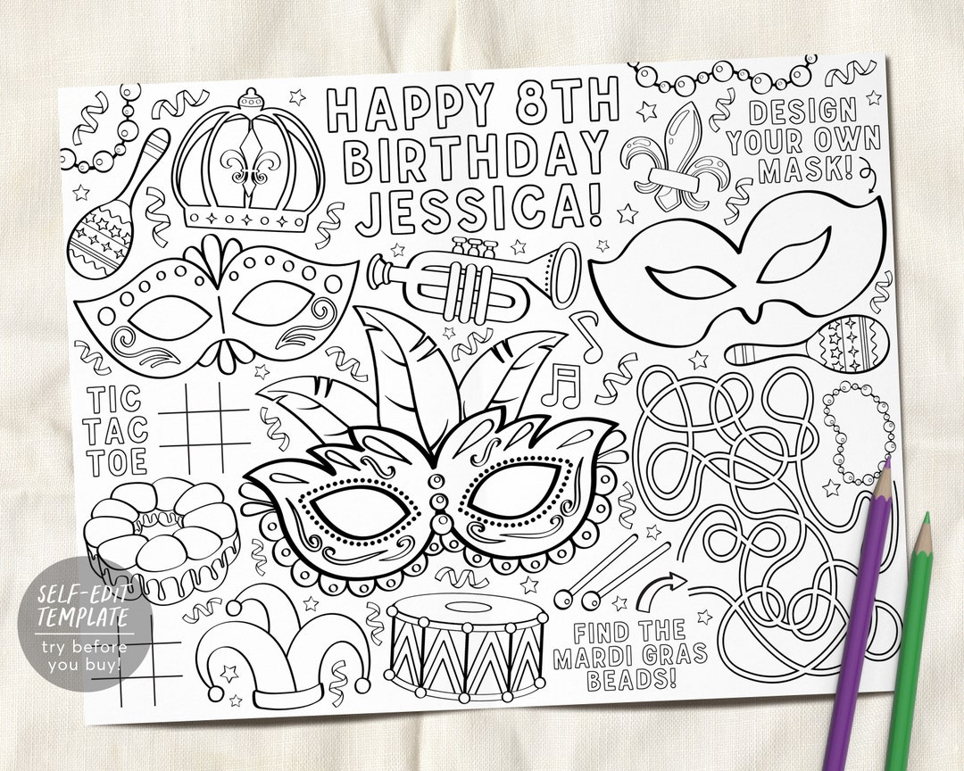 Mardi Gras Coloring Placemat for Kids Editable Template, Masquerade ...