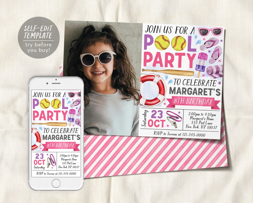 Softball Pool Party Birthday Invitation With Photo Editable Template ...