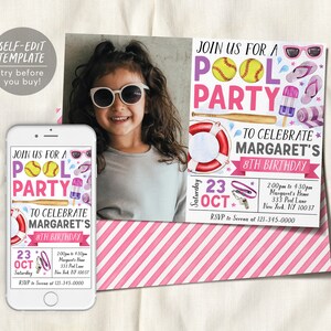 Softball Pool Party Birthday Invitation With Photo Editable Template ...