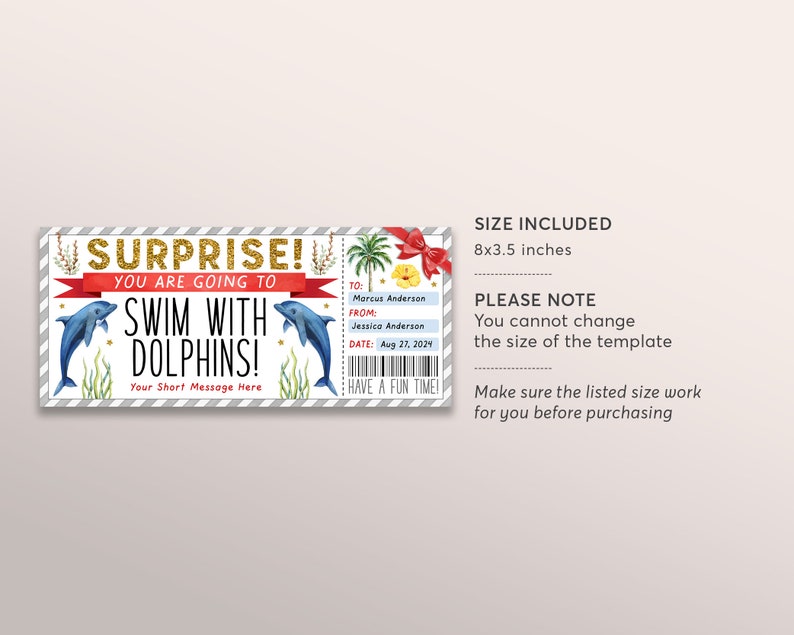 Swim With Dolphins Ticket Editable Template, Surprise Dolphin Watching ...
