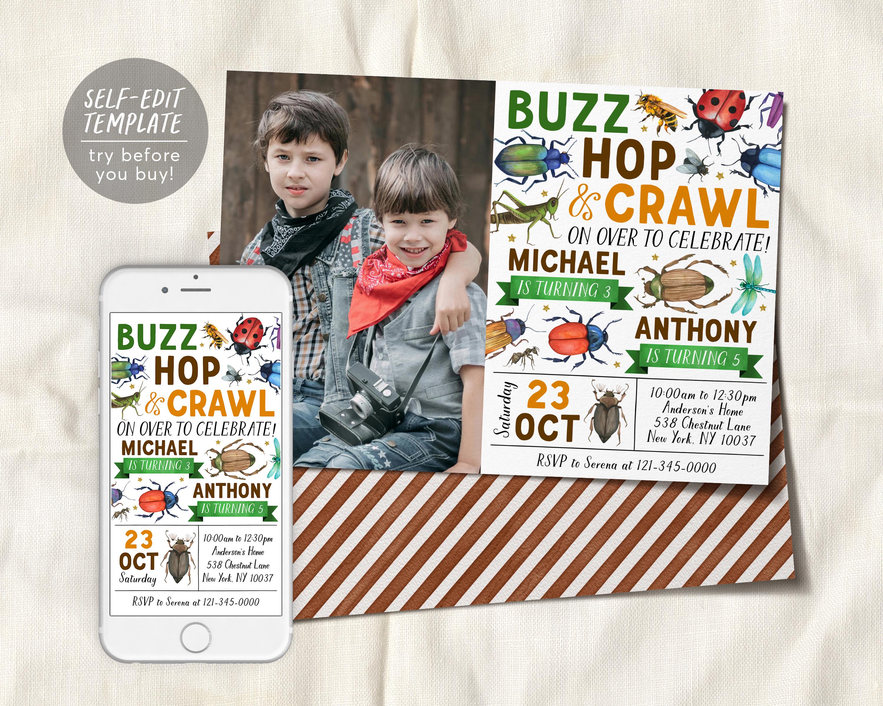 Insect Bugs Joint Siblings Birthday Invitation With Photo Editable ...