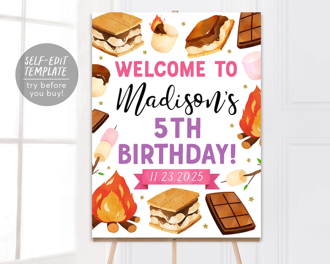 S'mores Birthday Welcome Sign Editable Template, Girl Bonfire Campfire ...