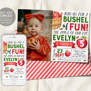 Apple Birthday Invitation With Photo Editable Template, Bushel of Fun ...