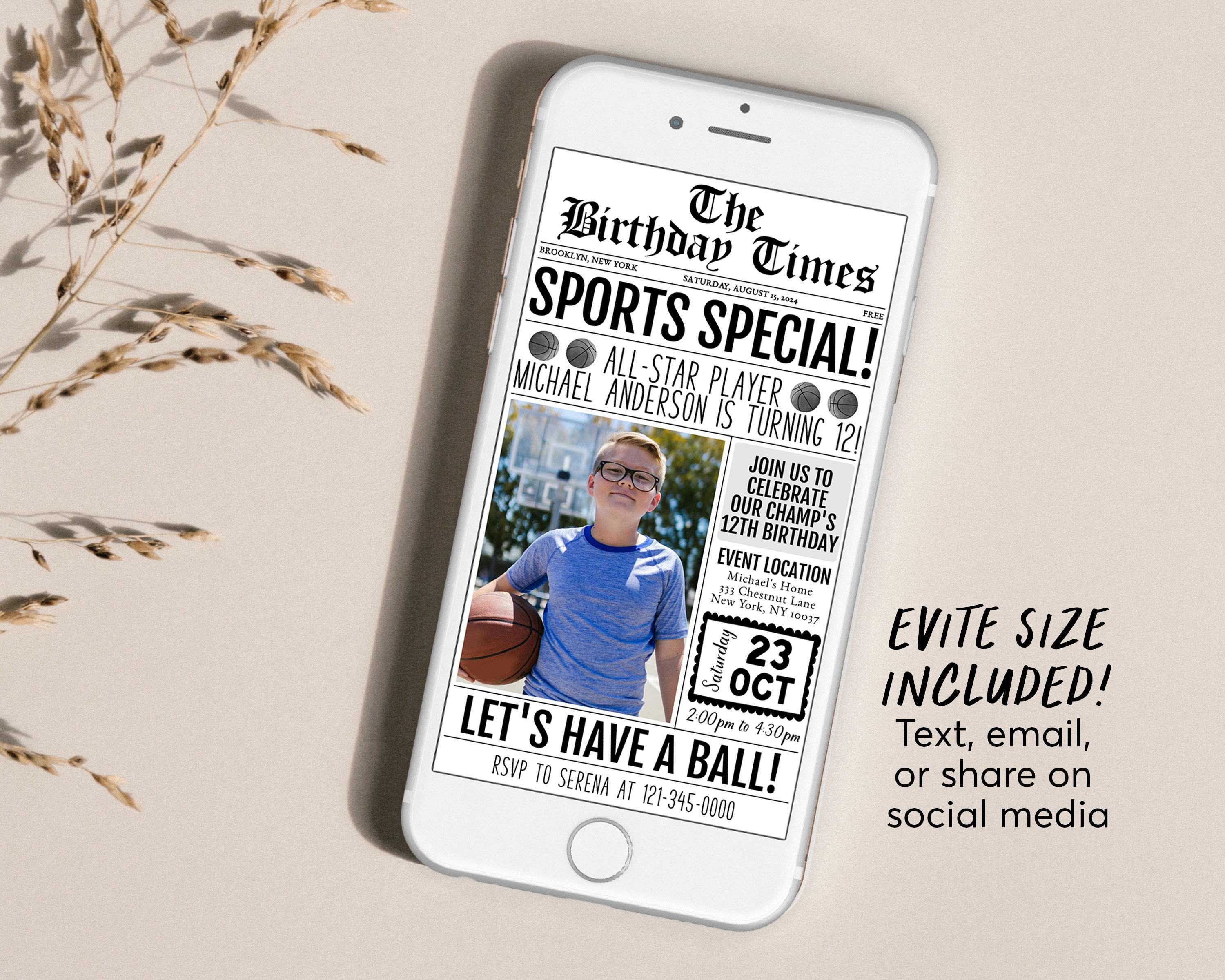 Basketball Birthday Invitation With Photo Editable Template, Newspaper ...