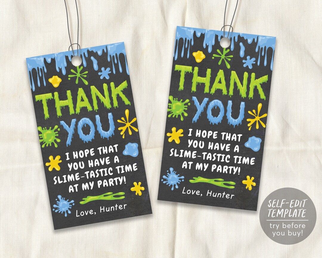 Slime BOY Thank You Birthday Party Tags Editable Template, Slime Favor ...