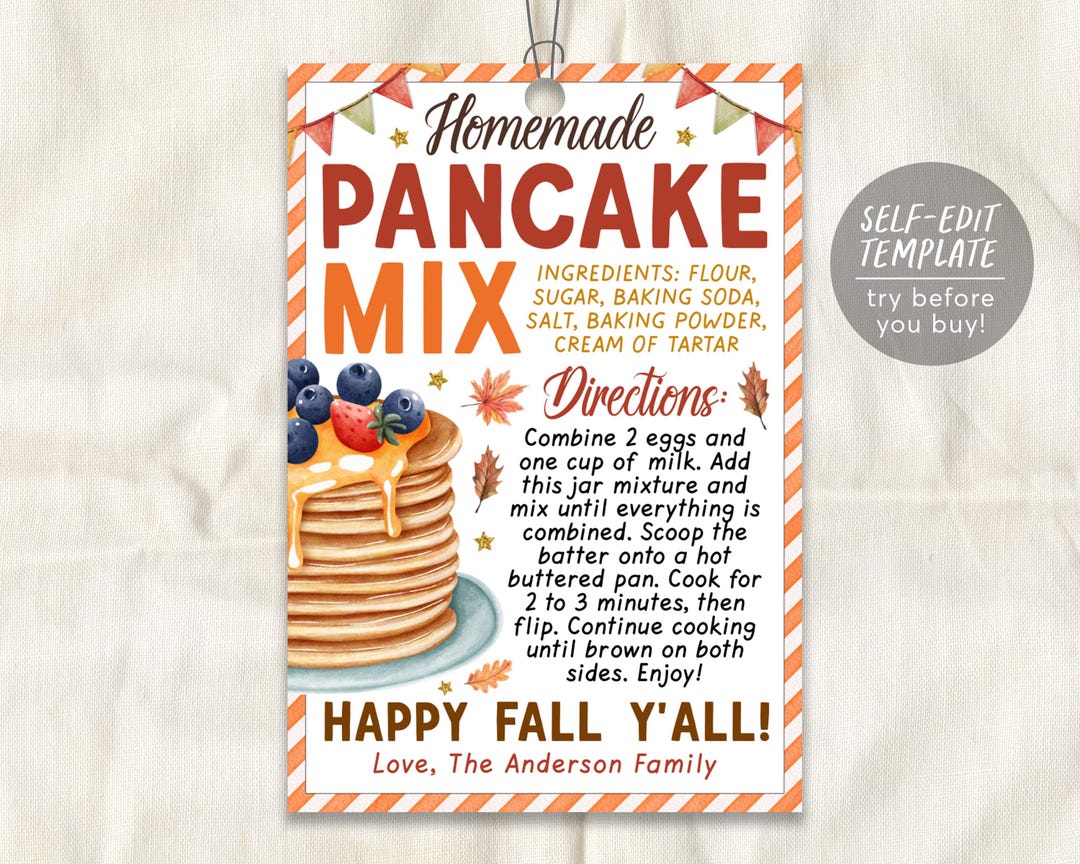 Pancake Mix in a Jar Gift Tag Editable Template, Thanksgiving Pancake ...