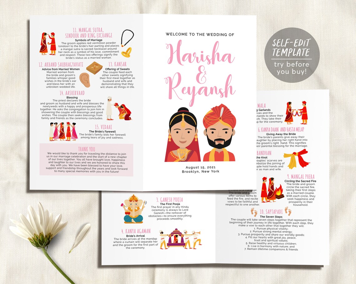 Editable Hindu Ceremony Program, Indian Wedding Program Portrait ...