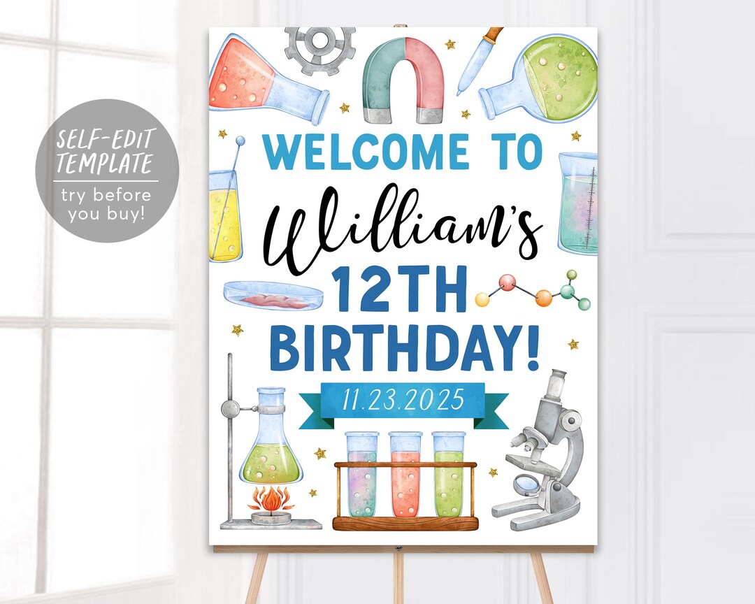 Science Theme Birthday Welcome Sign Editable Template, Boy Birthday ...