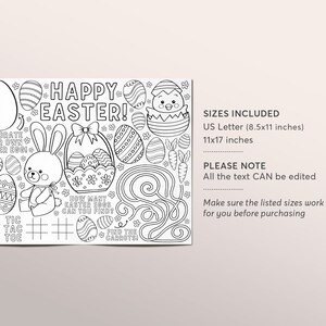 Easter Spring Birthday Party Coloring Placemat for Kids Editable ...