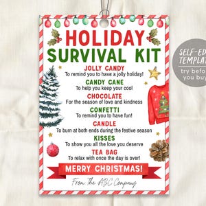 Holiday Survival Kit Tag Editable Template, Christmas Stocking Stuffer ...