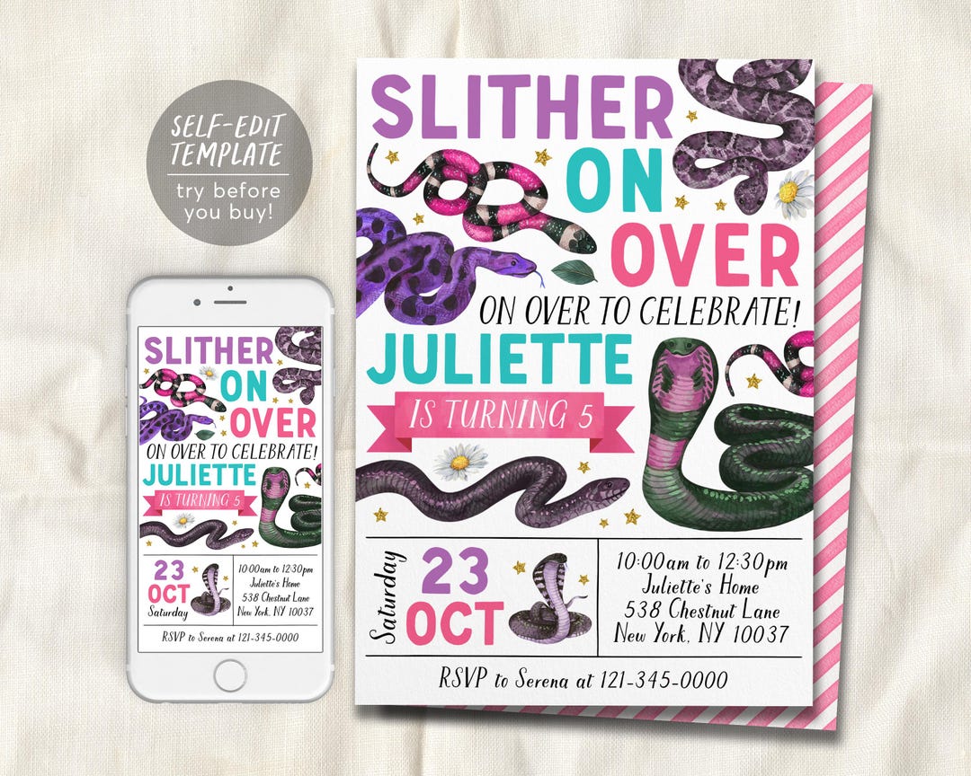 Snake Birthday Invitation Editable Template, Girl Slither on Over ...