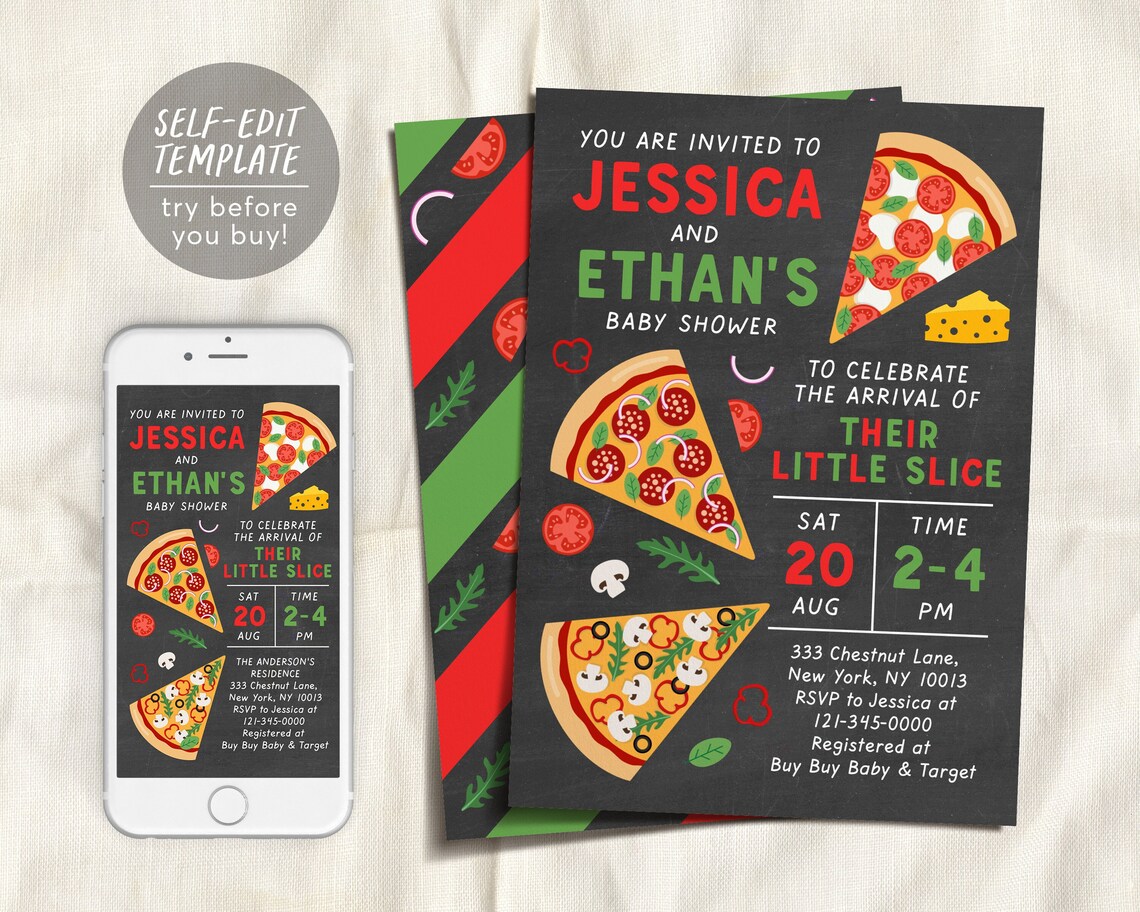 Editable Pizza Baby Shower Invitation Template, Chalkboard Italian ...