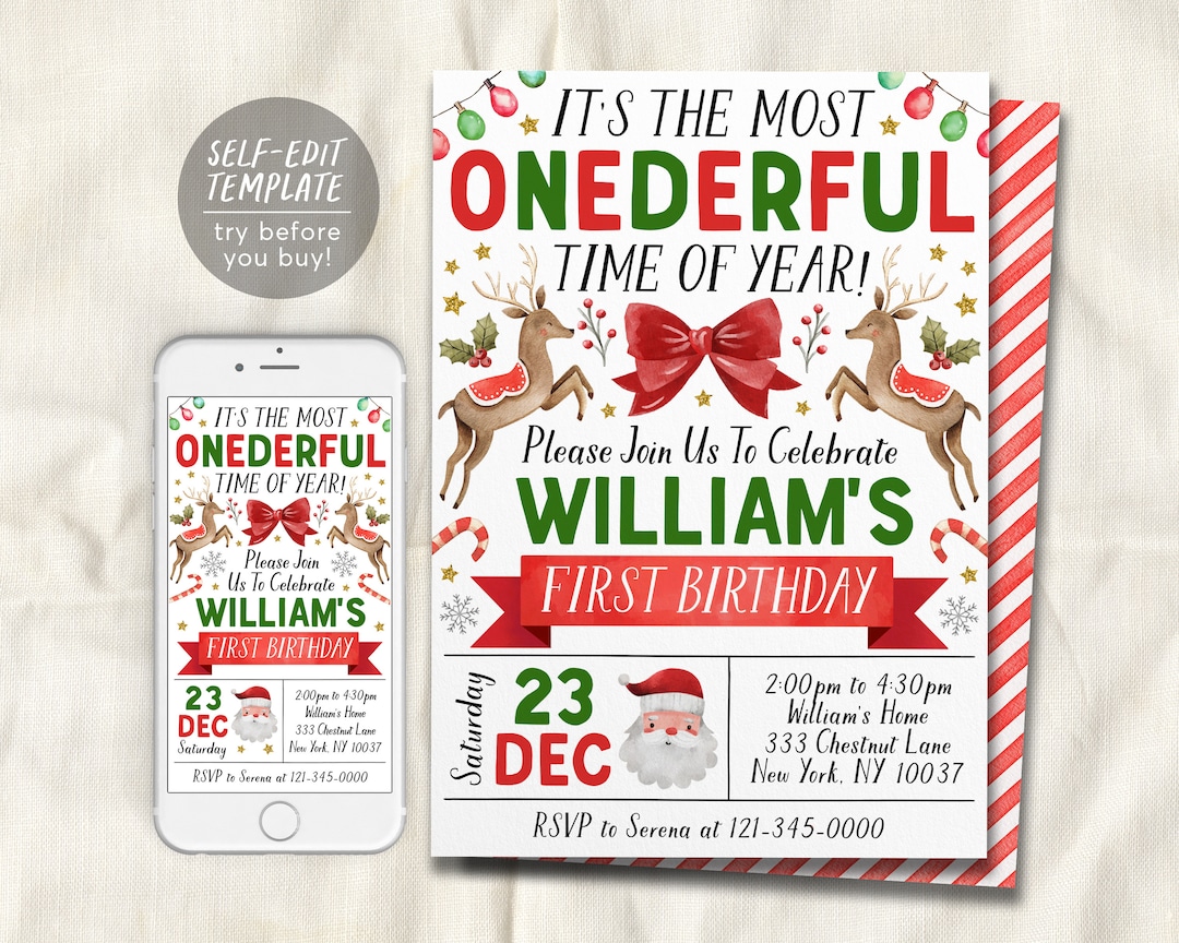 Christmas First Birthday Invitation Editable Template, Onederful Time ...