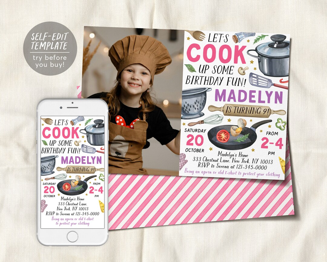 Cooking Party Birthday Invitation With Photo Editable Template, Kids ...