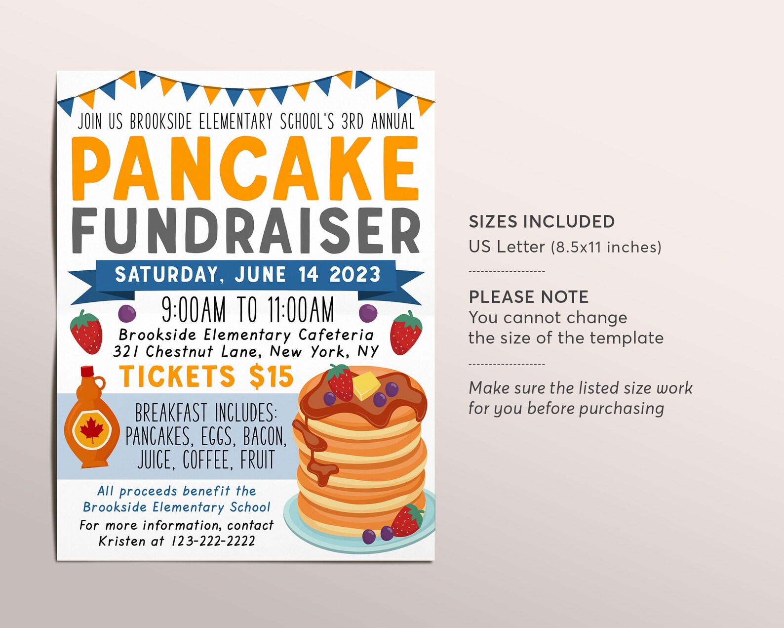 Pancake Breakfast Fundraiser Flyer Editable Template, Flapjacks Brunch ...