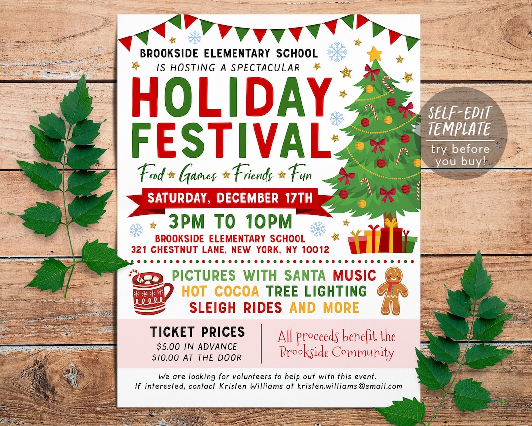 Holiday Festival Christmas Flyer Editable Template, Christmas ...