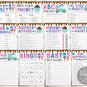 Ice Cream Baby Shower Games Bundle Editable Template, 12 Games Ice ...