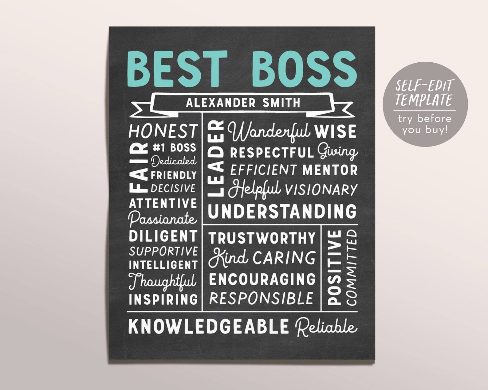 Editable Best Boss Chalkboard Gift Print Template Unique - Etsy