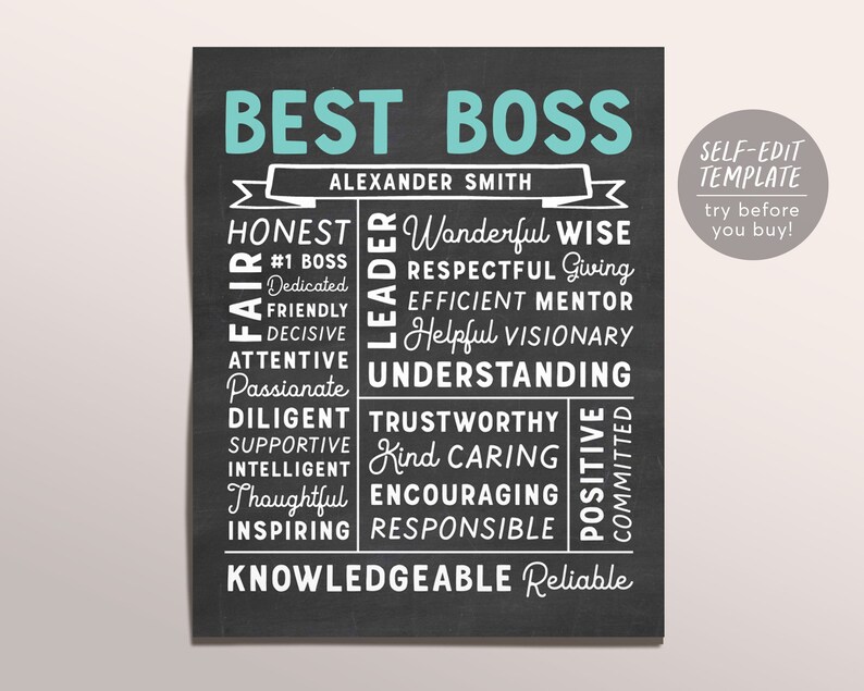 Editable Best Boss Chalkboard Gift Print Template Unique - Etsy