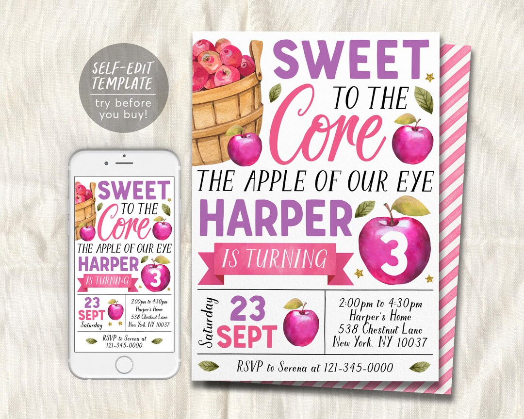 Apple Birthday Invitation Editable Template, Girl Sweet to the Core ...