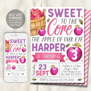 Apple Birthday Invitation Editable Template, Girl Sweet to the Core ...