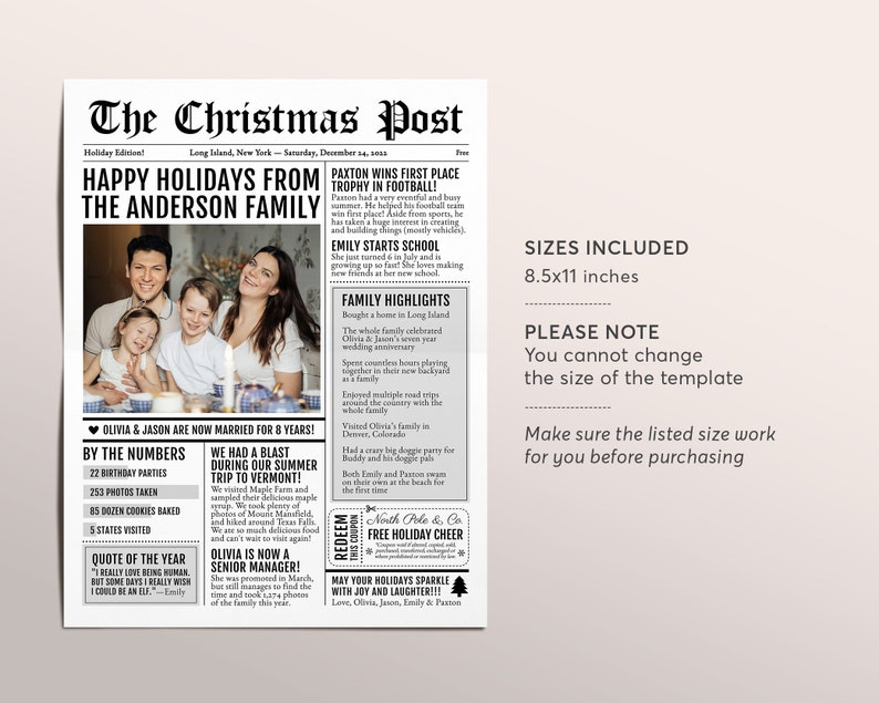 Christmas Family Newspaper Editable Template Year in Review - Etsy