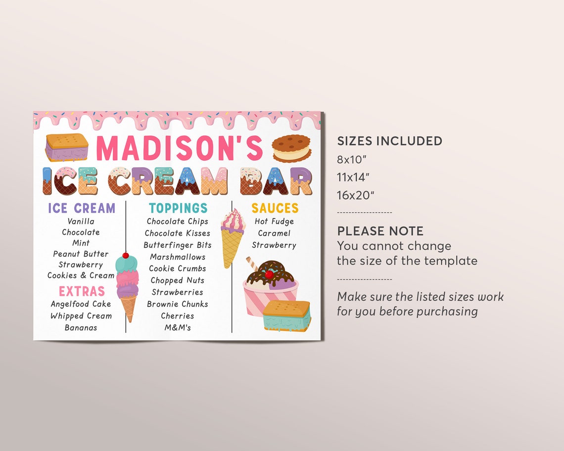 Ice Cream Birthday Menu Sign Editable Template, Girl Birthday Summer ...