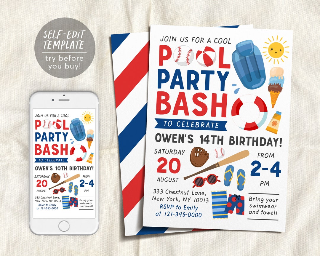 Baseball Pool Party Invitation Editable Template, Sports Boys Summer ...