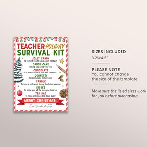 Holiday Teacher Survival Kit Tag Editable Template, Teacher's Christmas ...